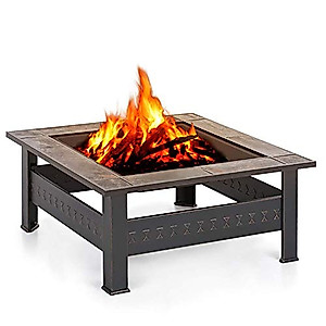 LEAYAN Garden Fire Pit Grill Bowl Grill Barbecue Rack Outdoor Fire Pit Table, Multifunctional Garden Terrace Fire Bowl with Stainless Steel Grill and Log Poker, for Outdoor Patio Fire Pits