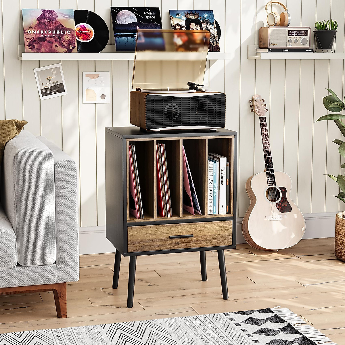 Semiocthome Record Player Stand with Nesting Vinyl Storage Crate, Record Player Table with a Drawer and Solid Wood Legs, Side End Table for Turntables for Living Room Bedroom