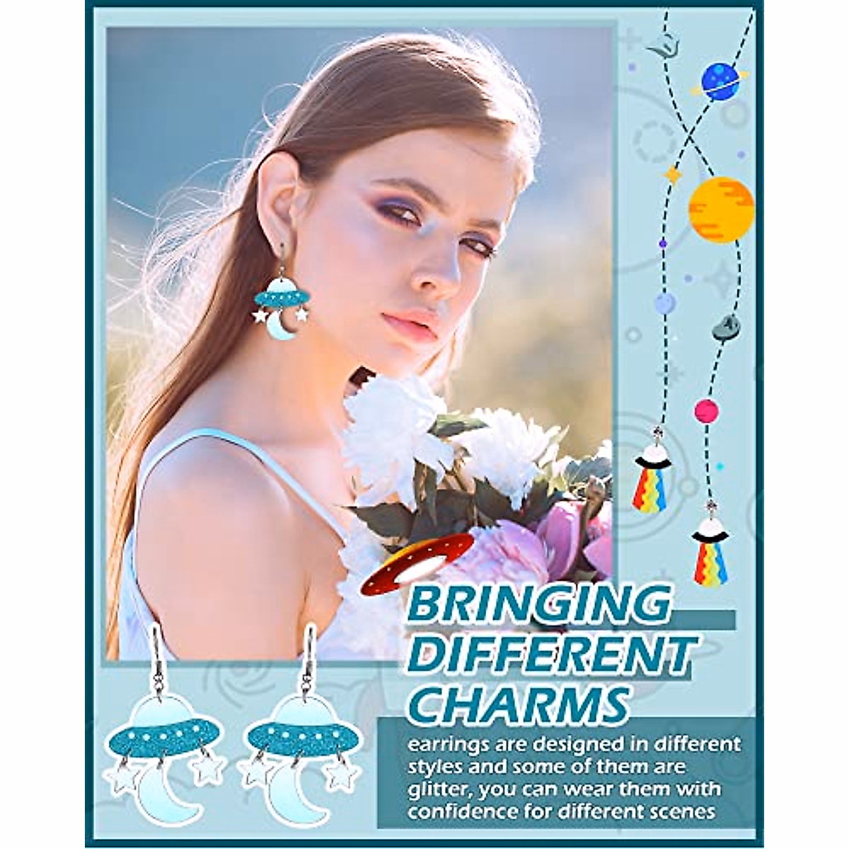 MTLEE 5 Pairs UFO Aliens Acrylic Earrings Cosmos Weird Earrings Women Novelty Fun Earrings Halloween Alien Earrings Glitter Space Earrings Cute Dangle Earrings for Girls, Multiple Colors