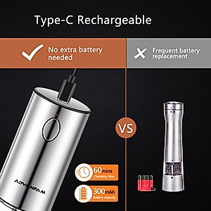 Advanfam Upgraded Larger Capacity Electric Salt Pepper Grinder Stainless Steel Pepper Grinder with LED Light, Rechargeable Automatic Salt or Pepper Mill Features Adjustable Coarseness