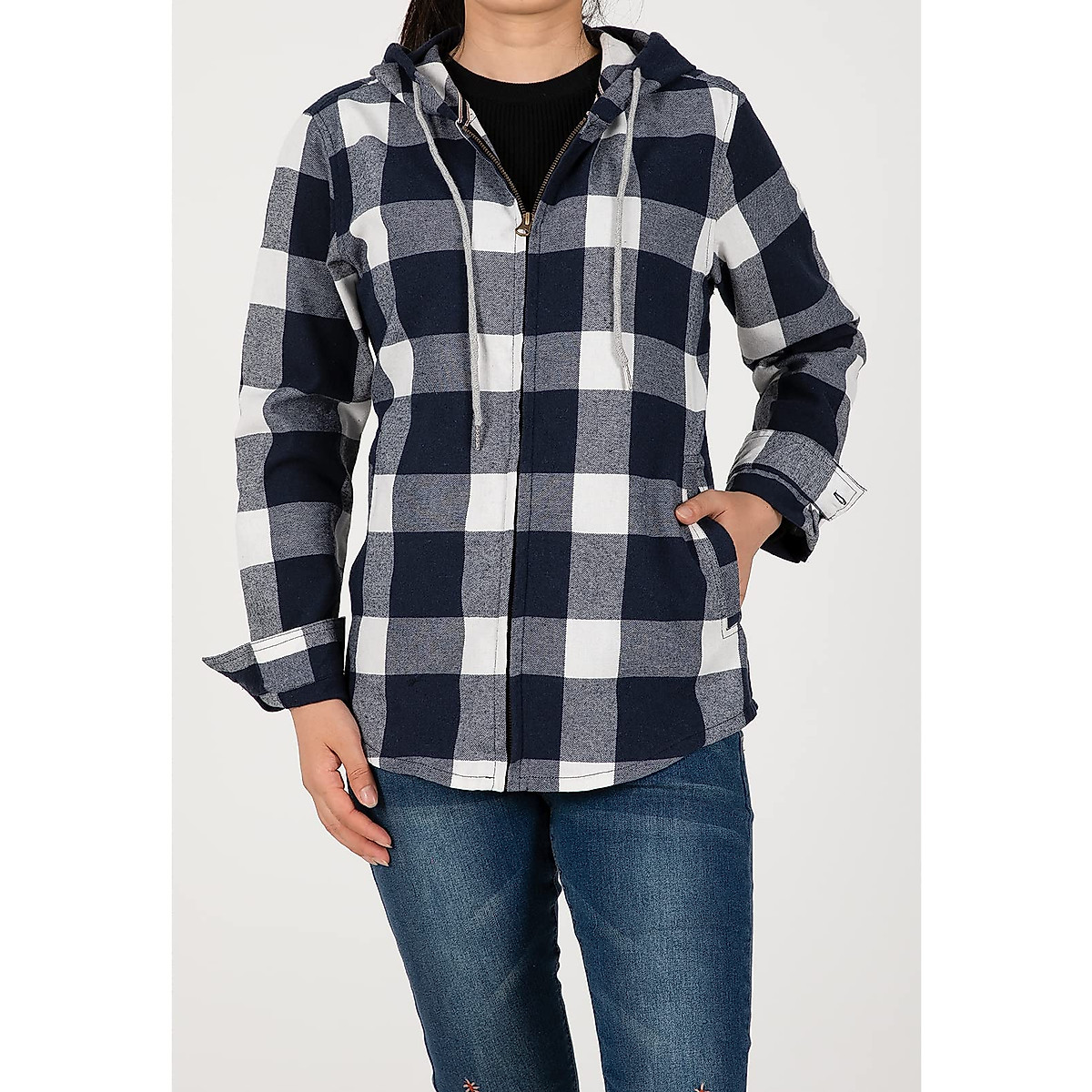ZENTHACE Plaid Flannel Shirts for Women Hooded Flannel Shirt Oversized Zip Up Flannel Hoodies Fall Flannel Shacket Blue White S