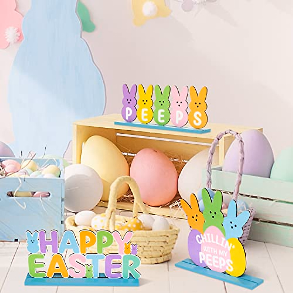 3Pcs Happy Easter Table Decorations Bunny Peeps Sign Happy Egg Hunt Table Centerpieces Bunny Rejoice Sign Wooden Easter Party Decorations Table Ornament for Easter Indoor Party Favors Tiered Tray Home
