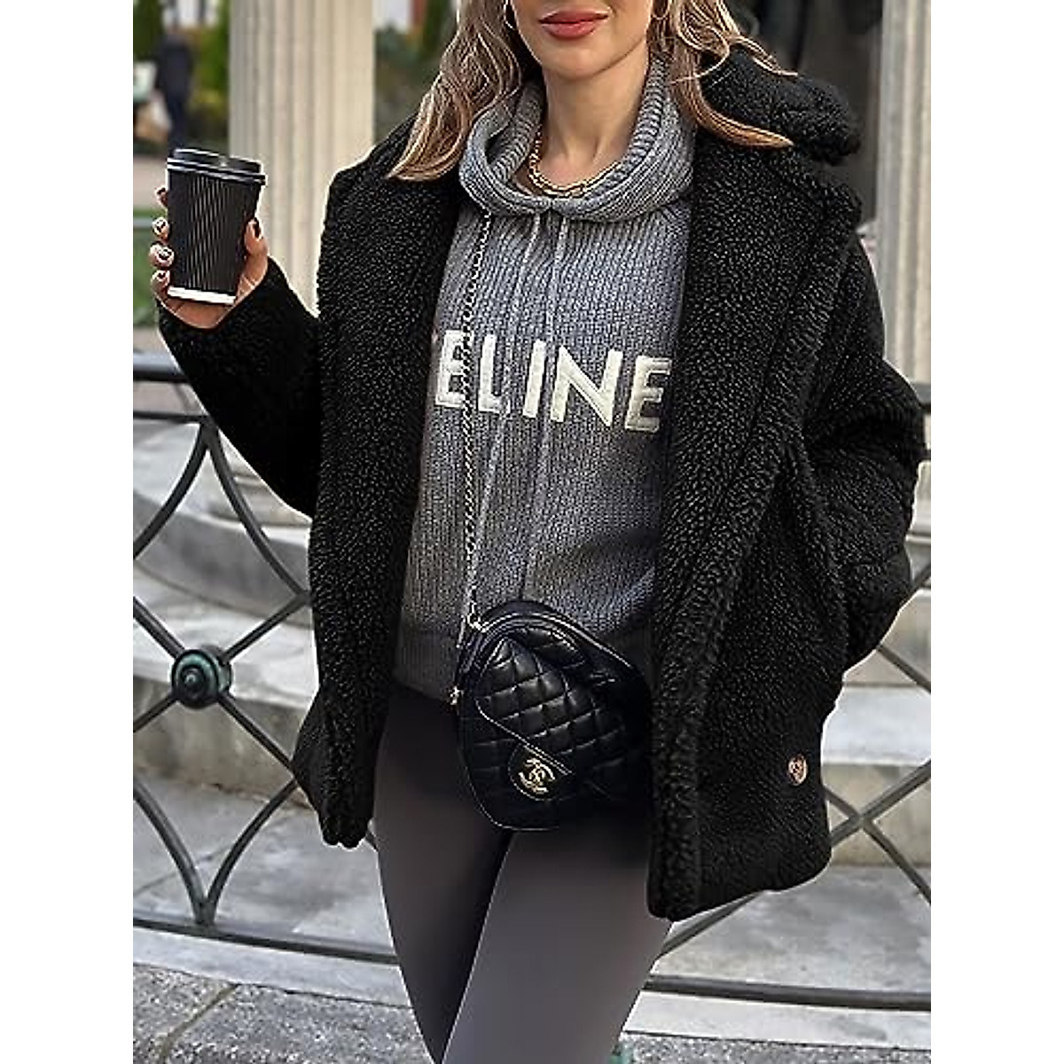 PRETTYGARDEN Womens 2023 Winter Fashion Sherpa Coats Lapel Fleece Jacket Long Sleeve Pockets Faux Fur Dressy Fall Outfits (Black,Small)