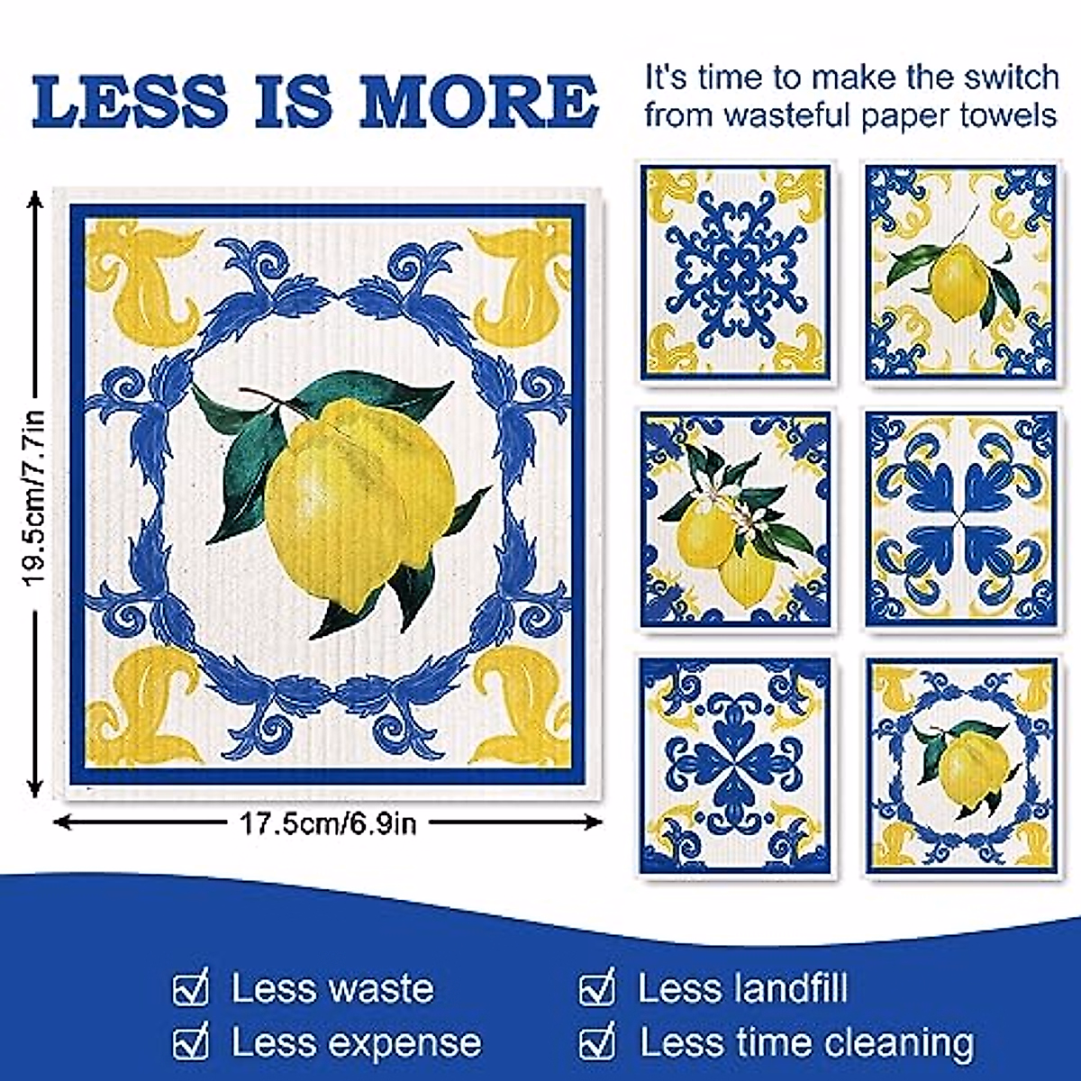 AnyDesign 6 Pack Lemon Swedish Dishcloth Blue White Tiles Lemon Kitchen Dish Towel Reusable Washable Cotton Kitchen Towel for Counter Cleaning Baking Cooking, 7 x 8 Inch