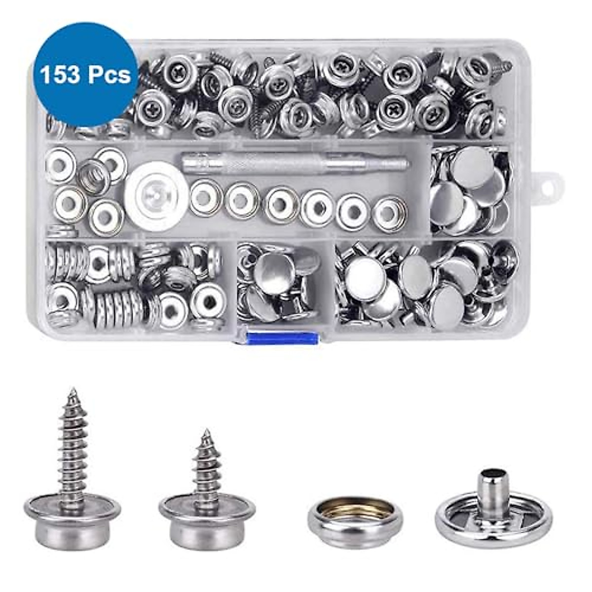MMOBIEL 153 Pcs Snap Button Kit Screw Snaps Fastener Stainless Steel Heavy Duty for Canvas Upholstery Boat Cover, Furniture, Outdoor, Marine Grade 3/8 inch, 5/8 Socket Incl. Snap Fastener Tool