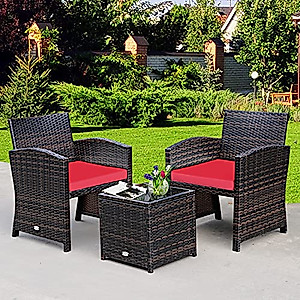 Tangkula 3-Piece Outdoor PE Rattan Furniture Set, Patio Conversation Set w/Chair & Storage Coffee Table, Detachable Cushion, Stable X-Shaped Frame, Perfect for Garden, Backyard, Poolside (Red)