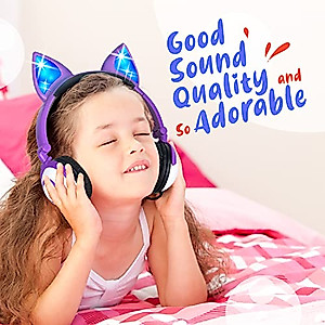 ONTA Kids Headphones with Cute LED Glowing Cat Ears,Foldable, Noise-Canceling and Adjustable Toddlers Headphones for Boys and Girls (Purple)