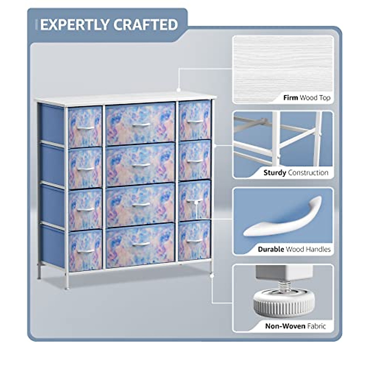 Sorbus Kids Dresser with 12 Drawers - Chest Organizer Unit with Steel Frame Wood Top & Handle, Fabric Bins for Clothes - Large Furniture for Bedroom Hallway Kids Room Nursery & Closet (Blue - Tie-dye)