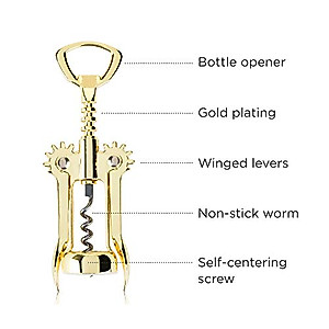 Viski Winged Corkscrew Wine Bottle Opener, Gold Plated Finish, Non-stick Coated Worm, 9.25"