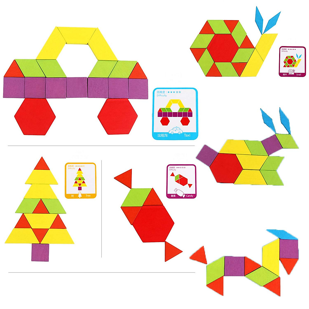 Set of 155 Wooden Pattern Blocks Geometric Manipulative Shape Puzzle Kindergarten Graphical Classic Educational Montessori Tangram Toys for Kids Ages 3+ Jigsaw Puzzles Gift with 24 Pcs Design Cards