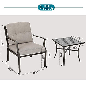 PHI VILLA Patio Conversation Sets 3 Piece Outdoor Bistro Set, 2 Steel Patio Chairs with Padded Cushions & 1 Coffee Side Metal Table