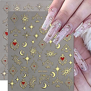 6 Sheets Sun Star Nail Art Stickers Bronzing Moon Nail Decals 3D Self-Adhesive Heart Nail Stickers Rose Gold Sliver Starlight Moon Star Nail Designs Sticker for Women DIY Acrylic Nail Art Supplies