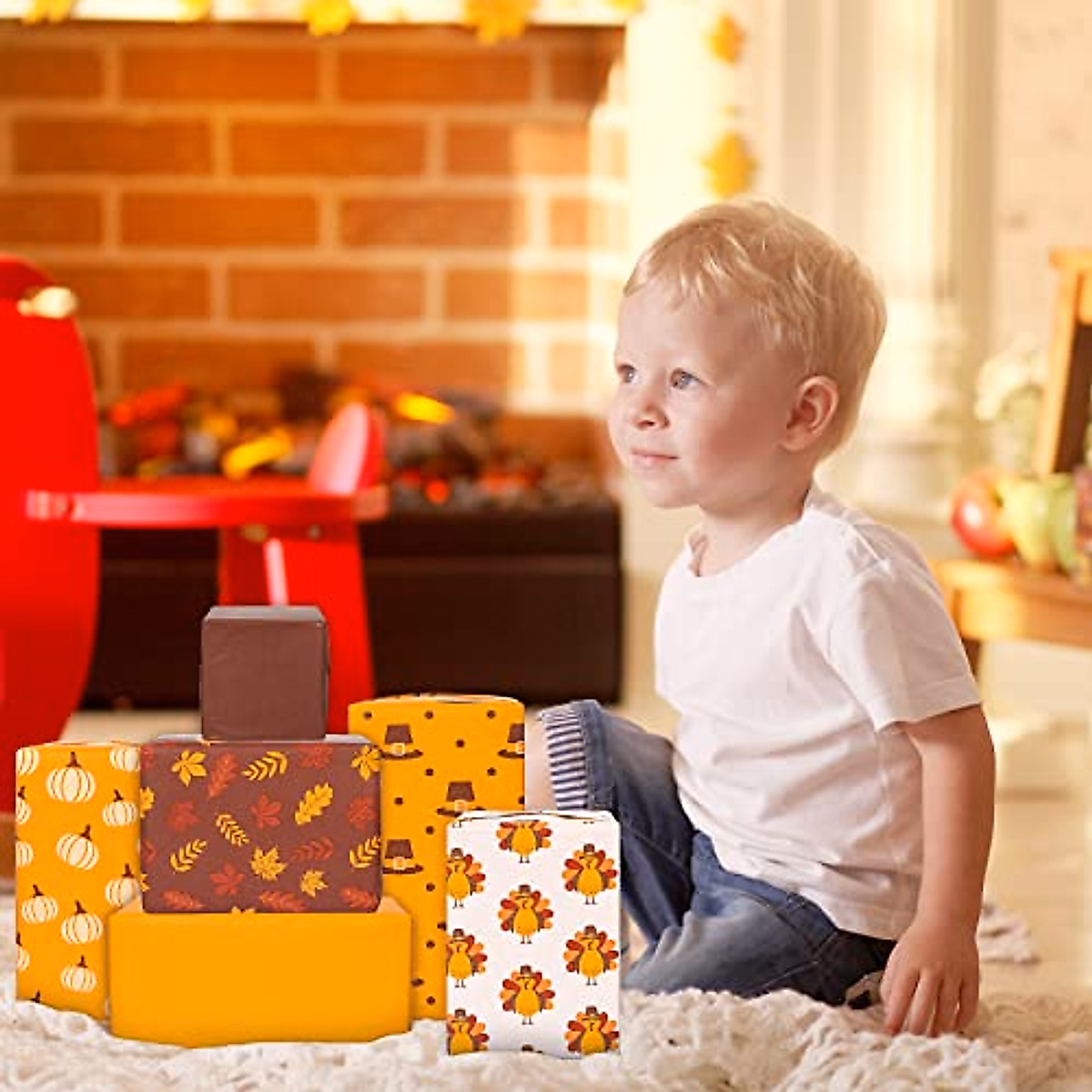 Whaline 90 Sheet Fall Thanksgiving Tissue Paper 6 Designs Brown Yellow Wrap Tissue Paper with Pumpkin Leaves Turkey Pattern Autumn Gift Wrapping Accessory for Thanksgiving Gift Packing DIY Craft