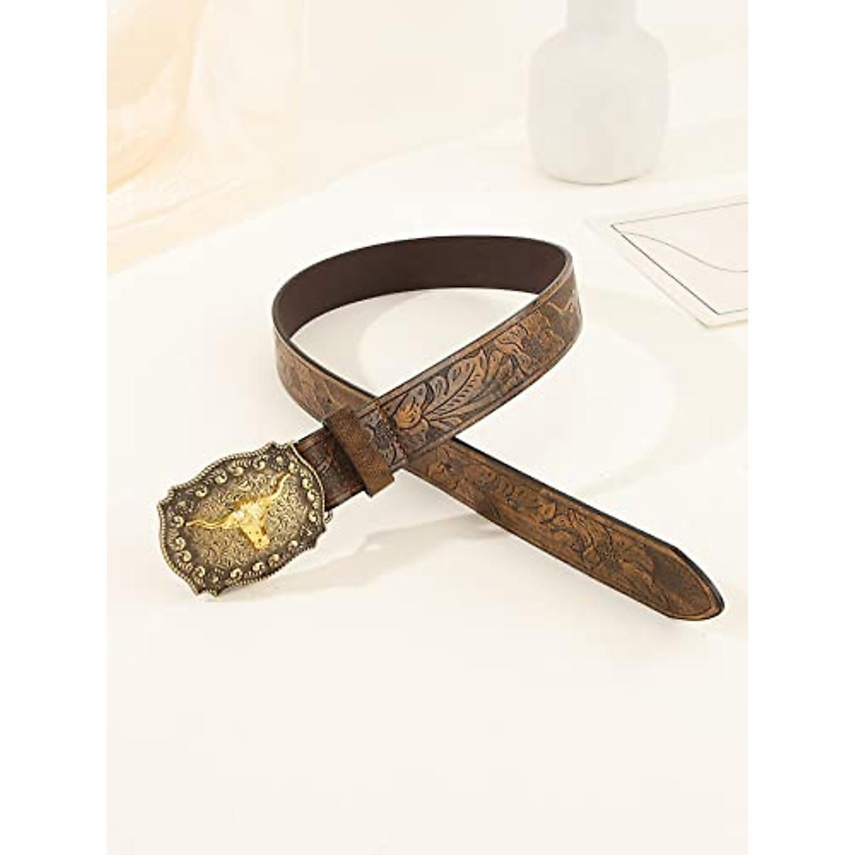 Verdusa Women's Vintage Western Leather Buckle Belt Yellow Brown Cattle 70