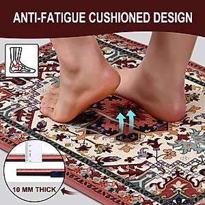 ASPMIZ Kitchen Mats Cushioned Anti Fatigue 2 Piece Set Boho, Washable Kitchen Rugs Non Slip Farmhouse, Bohemian Kitchen Floor Mats for in Front of Sink Waterproof, 17'' x 47'' + 17'' x 30'', Red