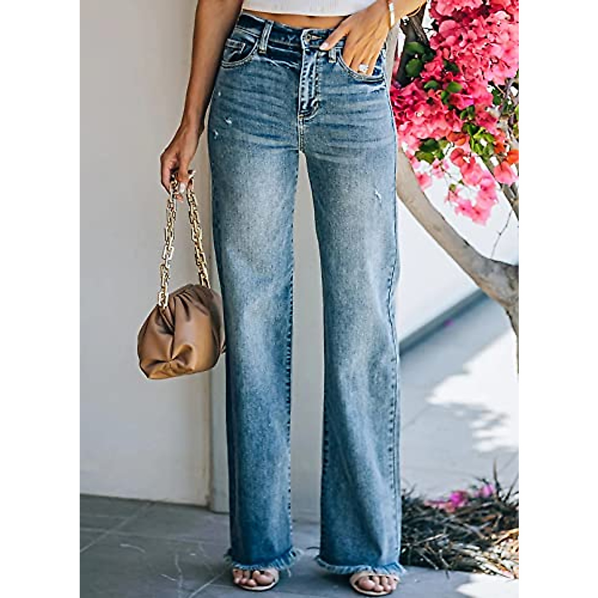 Sidefeel Women High Waisted 90 Flare Raw Hem Denim Jeans Wide Leg Pants Size 10 Blue