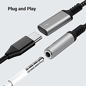 USB C to 3.5mm Headphone and Charger Adapter, 2 in 1 USB C Splitter to Audio Jack & Fast Charging Dongle Cable, Compatible with Samsung Galaxy S21 S21+ S22, Note 20 10, Google Pixel 2 3 4 XL