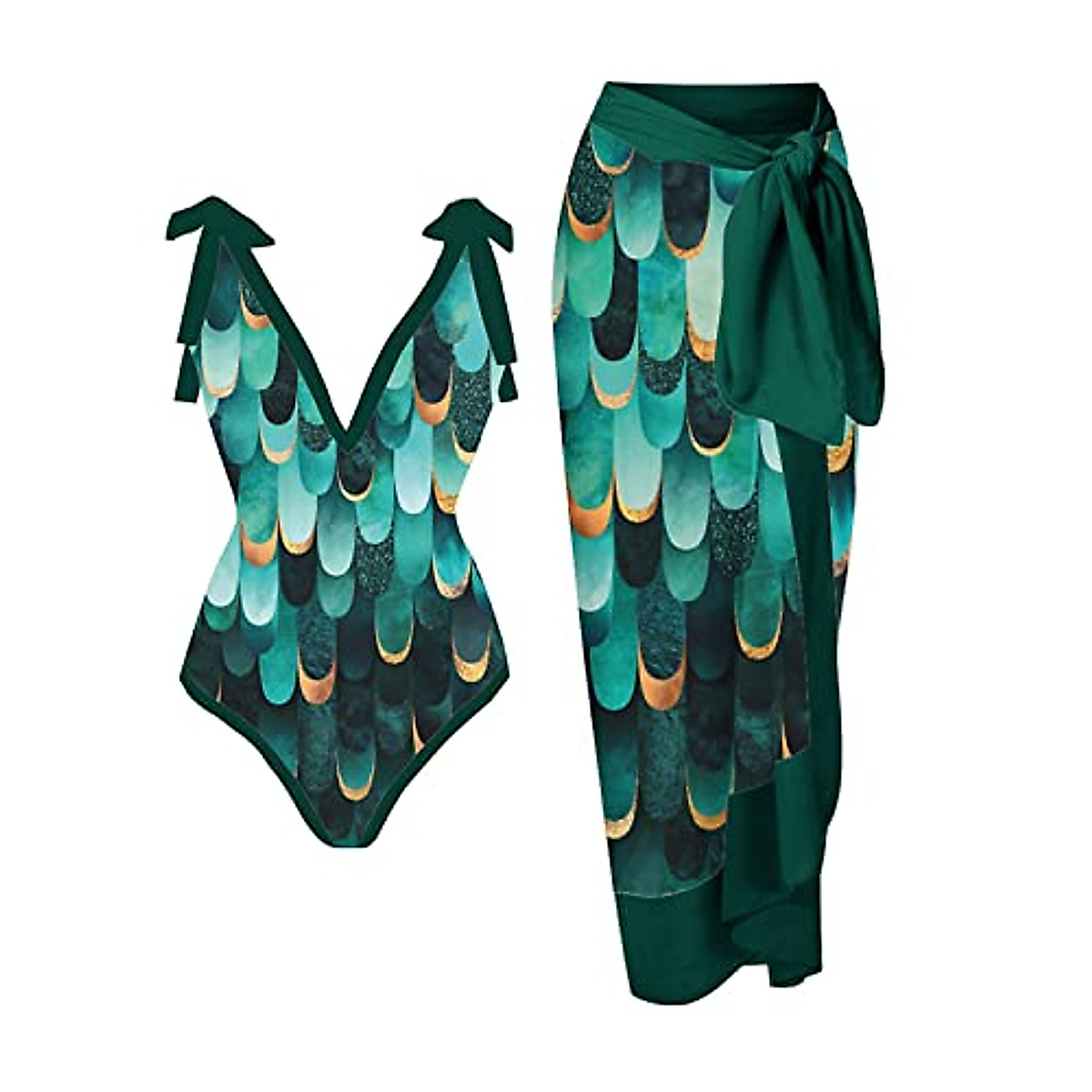 ZDRZK high Waisted Swimsuit Womens Cute Sexy Push Up One Piece Swimsuit with Beach Sarong Coverups Retro Graphic Print Bikini Set Bathing Suit Green S