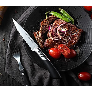 TRENDS Premium Steak Knives Set of 6. Double Forged Premium Stainless Steel. 5 Inch Blades. Serrated Steak Knives Set. Ultra-Sharp and Never Require Sharpening. Your Ultimate Steak Knife Set of 6.