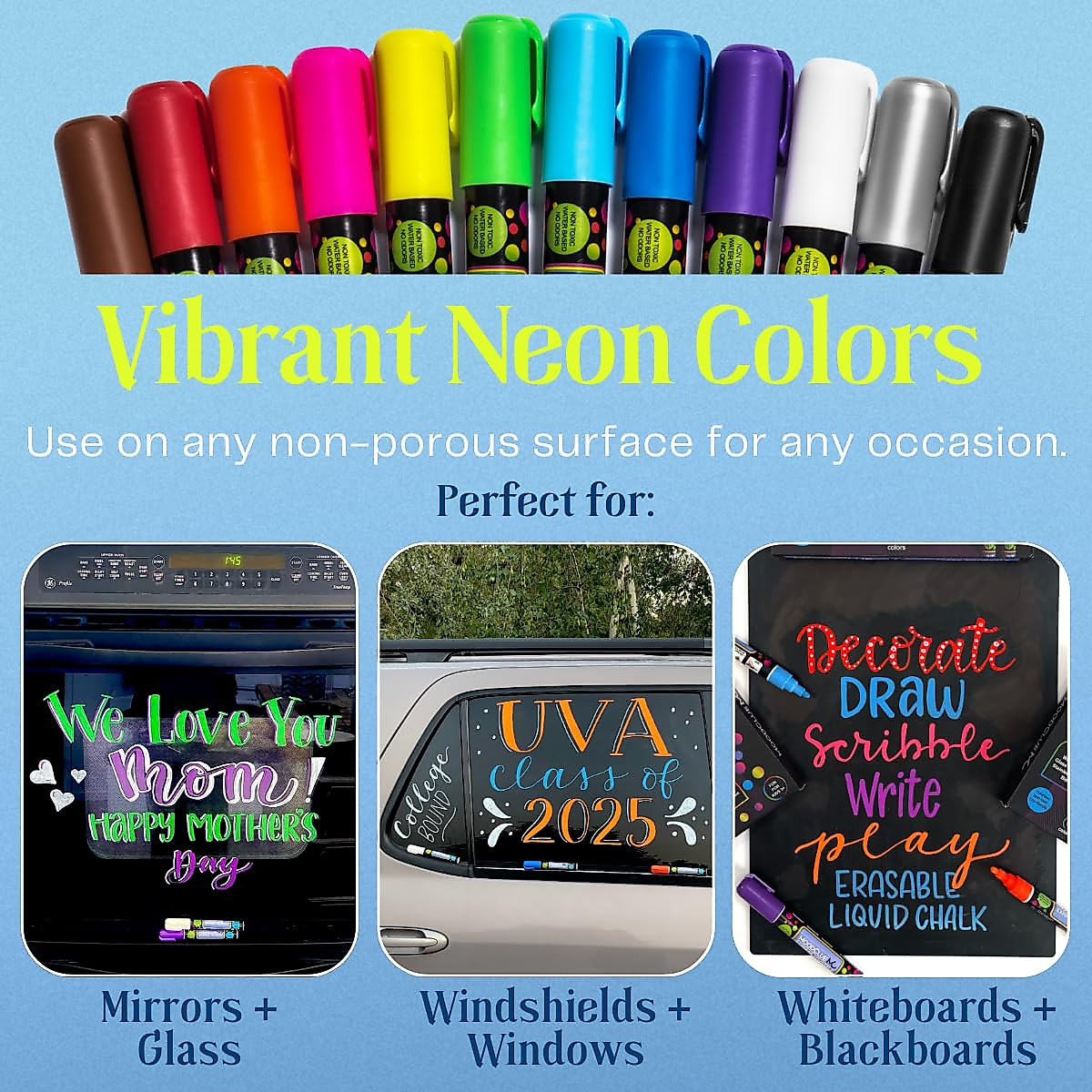 MoodClue liquid chalk markers for glass, mirrors, windows, car windshields, auto, white boards, glass boards, chalkboards. 6 neon. Reversible - thick, thin tip. Washable, erasable. Wet or dry erase.