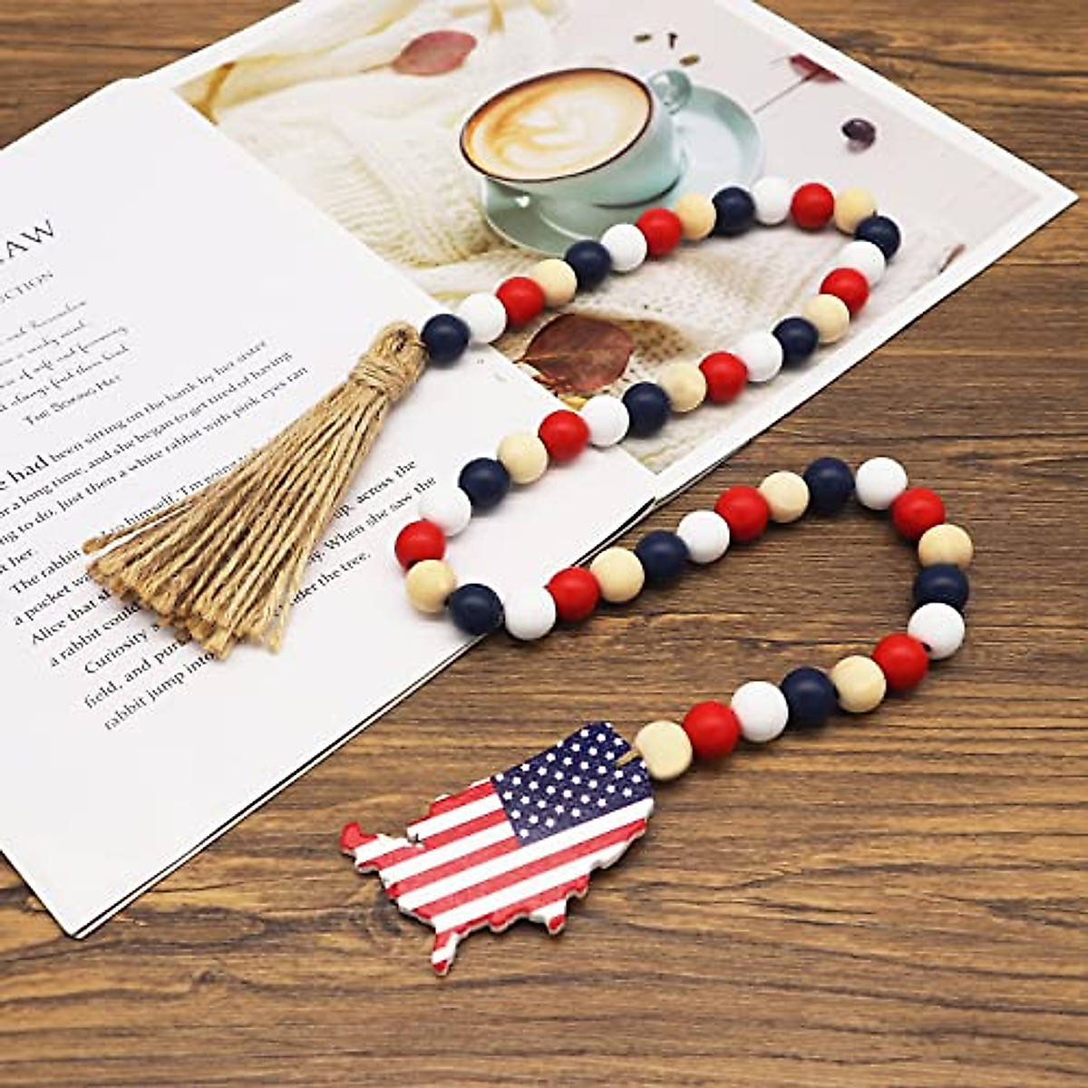 Wooden Beads Decor,Fall Decorations for Tiered Tray Decor Wood Bead Garland, Farmhouse Decor Beads with Tassel, Prayer Boho Beads Big Wall Hanging Decor (Red, White, Blue)