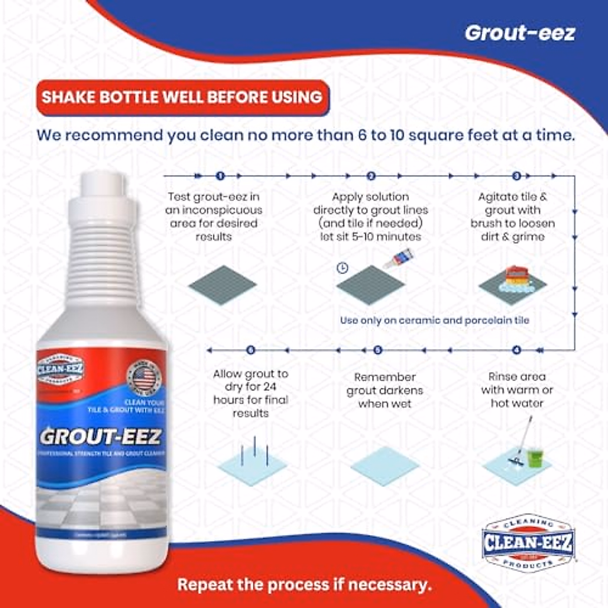 Clean-eez Grout Cleaner 2 Pack with Free Stand-Up Brush - Stain Remover Heavy-Duty Scrubber - Bathroom Shower Ceramic Porcelain - Easy Control Flip Top Cap - 32 oz.