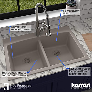 Karran QT-710 Drop-in Quartz Composite 33 in. 1-Hole 50/50 Double Bowl Kitchen Sink Kit in Concrete