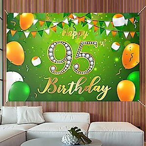 Happy 95th Birthday Backdrop Banner Decor Green - Glitter Cheers to 95 Years Old Birthday Party Theme Decorations for Men Women Supplies