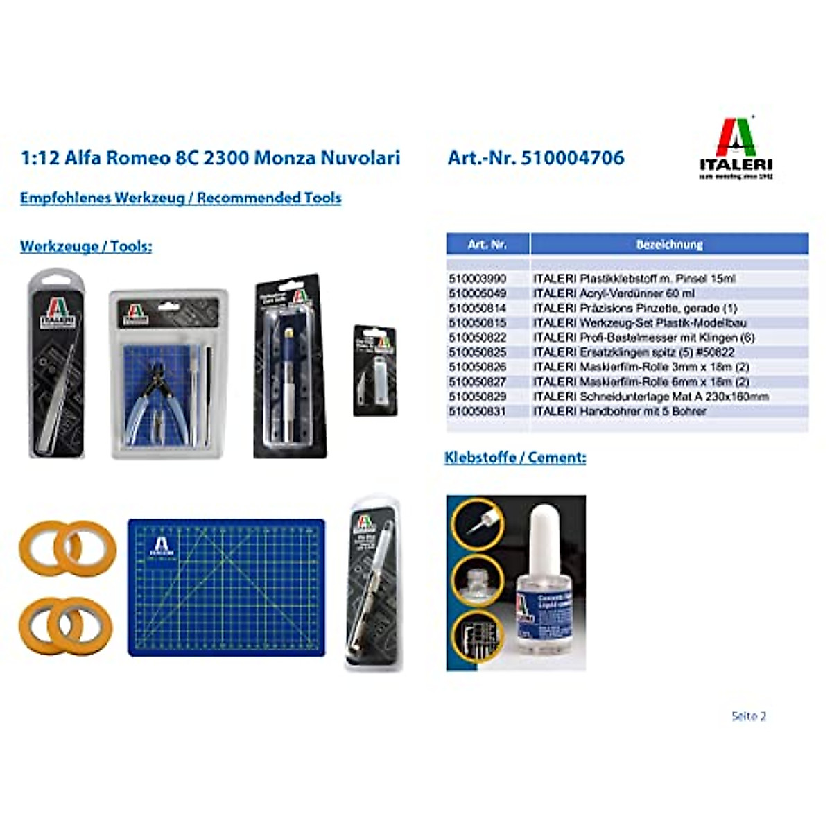 Italeri 510004706 1:12 Alfa Romeo 8C 2300 Monza Nuvolari Building, Stand Model Making, Crafts, Hobby, Gluing, Plastic Kit, Detailed, Unvarnished