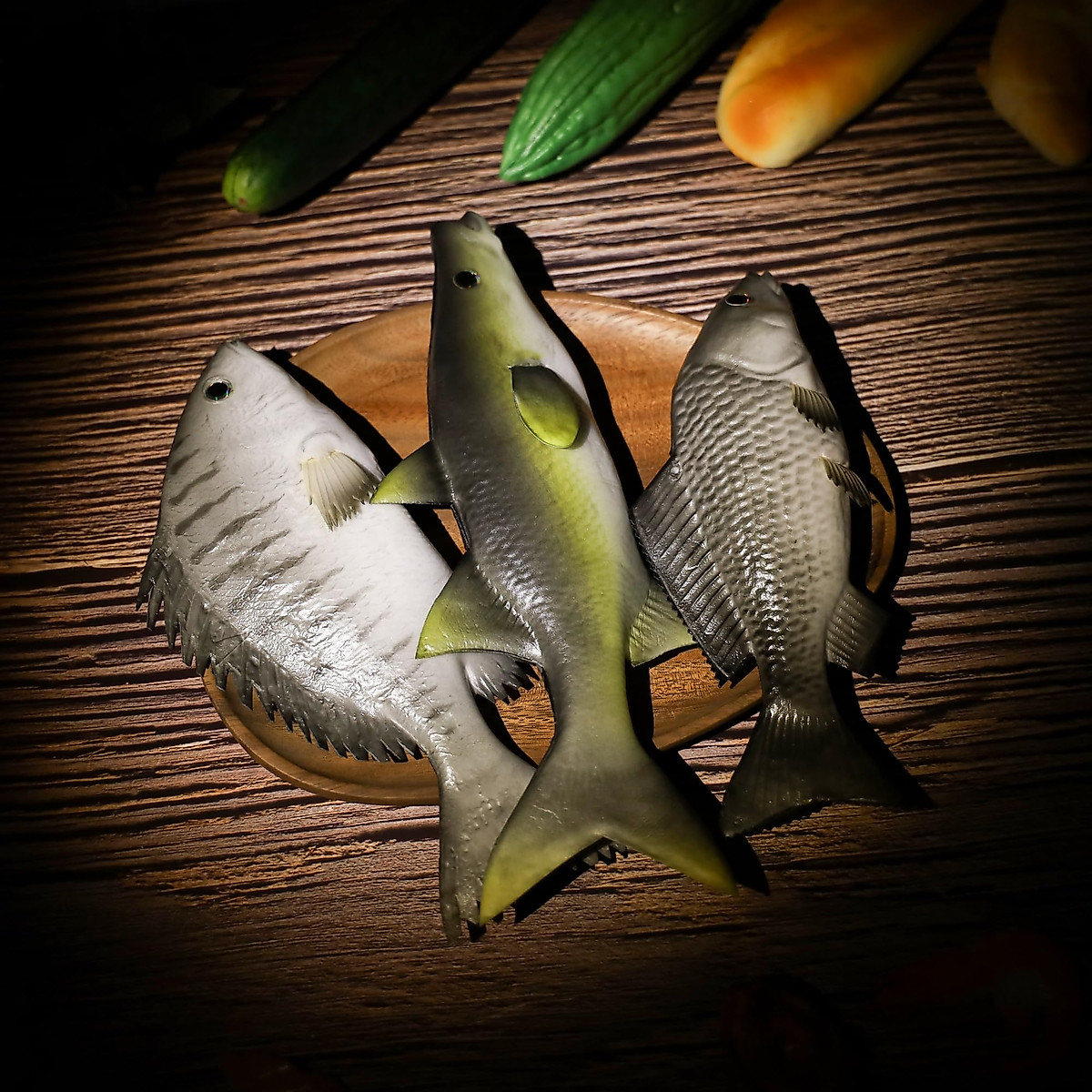 Gresorth 3 Pack Fake Fish Pretend Artificial Black Carp Lifelike Striped Bass Ornament Snapper Hanging for Home Garden Kitchen Toy Party Decoration