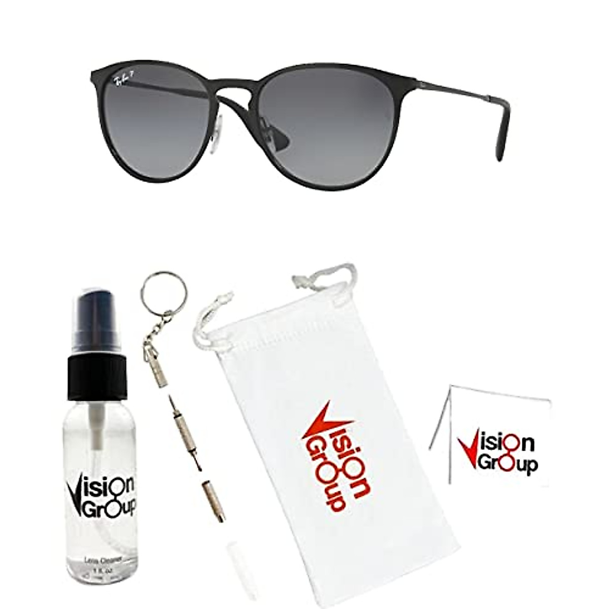 Ray-Ban RB3539 Erika Metal Sunglasses + Vision Group Accessories Bundle for unisex, adult (Black/Light Grey Gradient Grey Polarized (002/T3)
