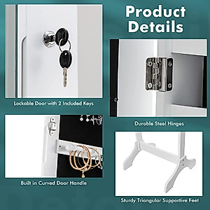 NAFORT Geometric LED Jewelry Cabinet, Standing Full Screen Mirror Vanity Cabinet with 2 Drawers Storage, Lockable Touch Screen Led Lighting, Lockable 2-in-1 Mirror Jewelry Organizer (White)