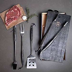 Schmidt Brothers - BBQ Ash 4 Piece Grill Set, Full-Forged Stainless Steel Grilling Utensils Including Spatula, Fork, Basting Brush, and Tongs with All Wood Handles