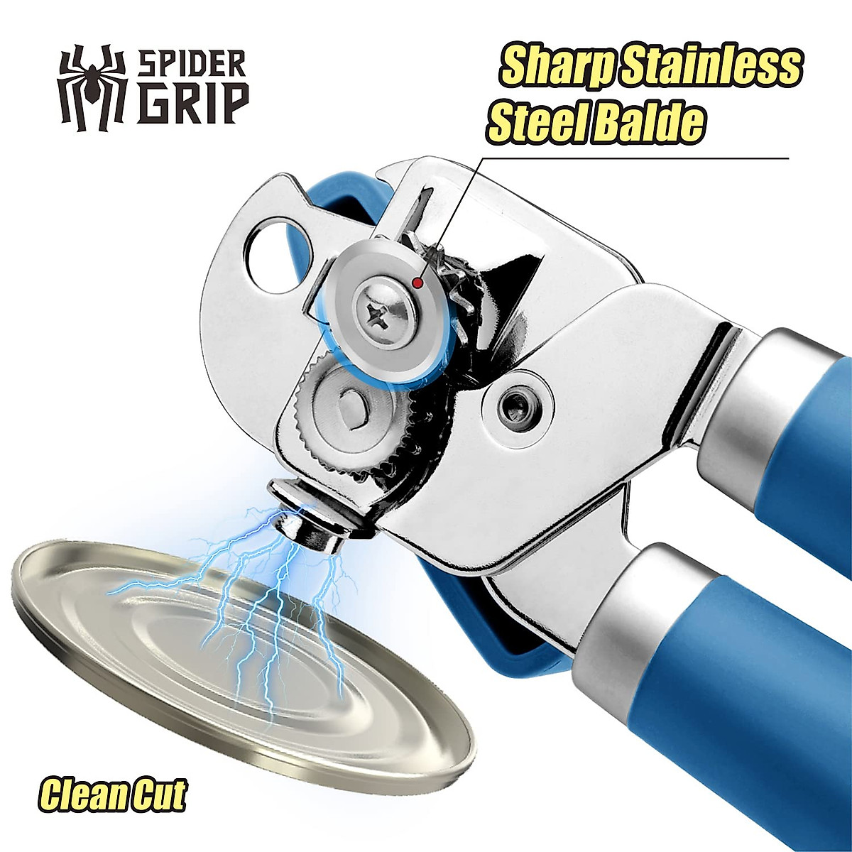SPIDER GRIP Can Opener, No-Trouble-Lid-Lift Manual Handheld Can Opener with Magnet, Blue & Grey