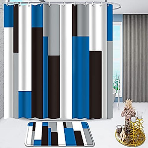YOKYHOM Bathroom Sets, 3 Pcs Blue Striped Bathroom Shower Curtain Sets with Rugs, Incl 71'' x 71'' Polyester Shower Curtain with 12 Hooks, 2 Pcs 30'' x 18'' Non Slip Bath Mats