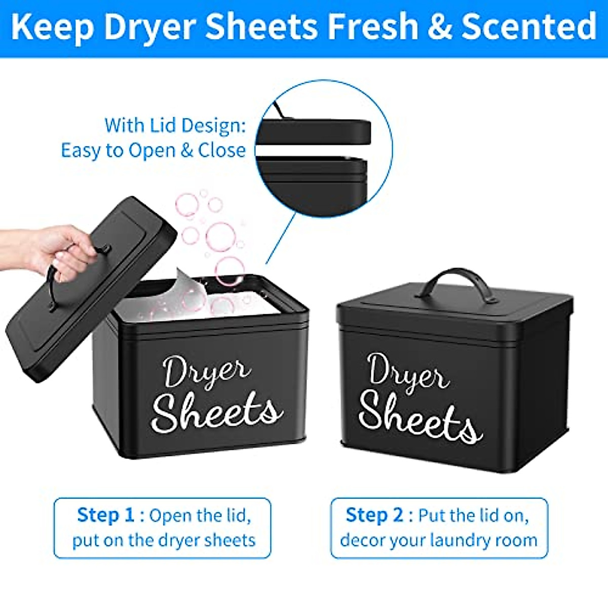 RuiNuyoah Farmhouse Metal Dryer Sheets Holder with Lid for Laundry Room Decor and Accessories, Modern Dryer Sheet Container for Storage and Organization, Large Dryer Sheet Dispenser Black