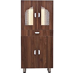 The Mandir Store Wooden Mandir with Doors Led Lights Storage Cabinet in Walnut Colour