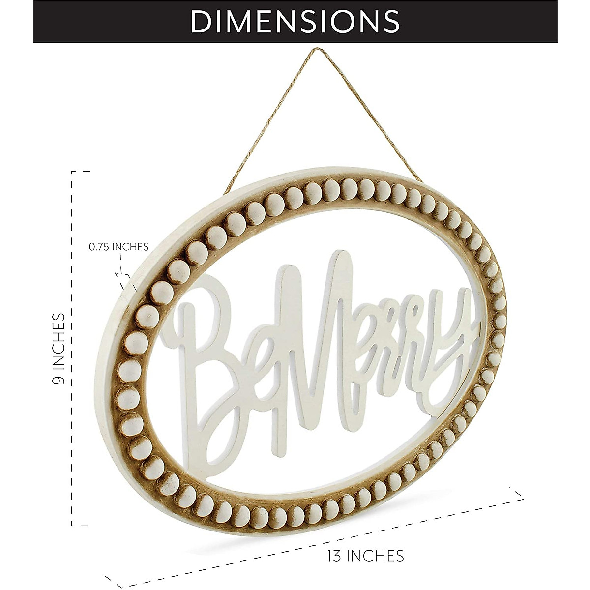 AuldHome Beaded Wooden Christmas Sign, "Be Merry" Oval Wood Holiday Decor Hanging Sign