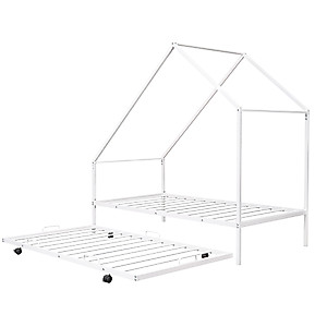 Metal House Bed with Trundle, Montessori Bed Twin Size Platform Bed Frame with Roof, Tent Bed, Modern Style Heavy-Duty Steel Frame Playhouse Bed for Kids Teens Girls Boys (Twin, White)