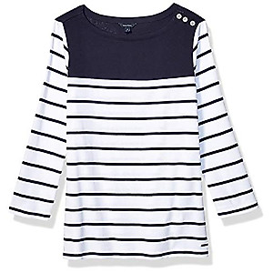 Nautica Women's Boatneck 3/4 Sleeve 100% Cotton Shirt, Indigo, Large