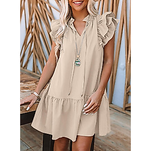 Dokotoo Spring Summer Dresses for Women 2024 Sleeveless V-Neck Ruffle Pockets Lightweight Swing Tunic Dress Solid Color Easter Mini Short Dress Beige Meium