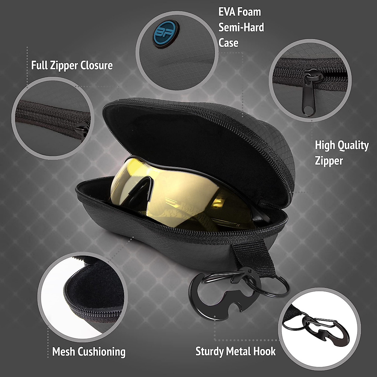 BLUPOND Sunglasses Case Semi Hard EVA Shell with Metal Hanging Hook Belt Clip Sun Glasses Storage (Black/Blue)