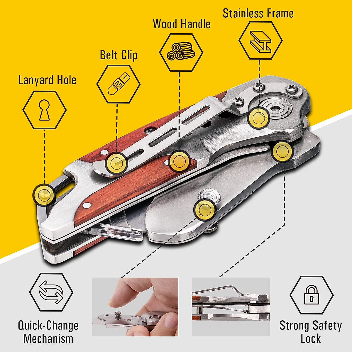 AZUNO Wood Handle Folding Utility Knife with Stainless Steel Head, Quick-change Blade & Back Lock