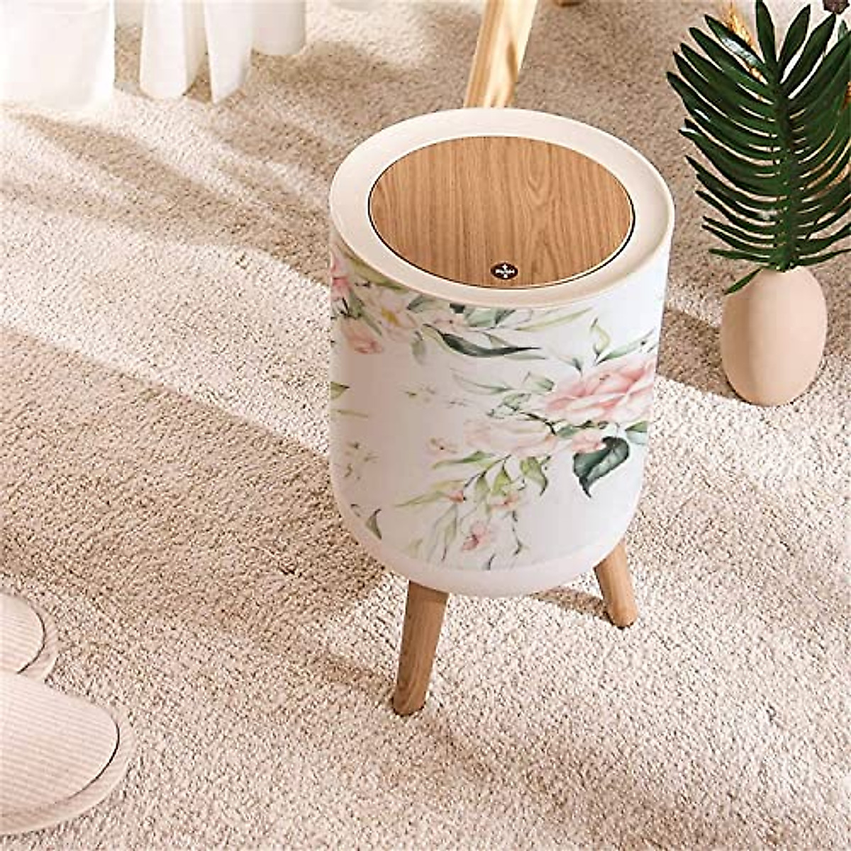 Small Trash Can with Lid Seamless Watercolor Floral Pink Flowers Green Leaves Branches on White Round Recycle Bin Press Top Dog Proof Wastebasket for Kitchen Bathroom Bedroom Office 7L/1.8 Gallon