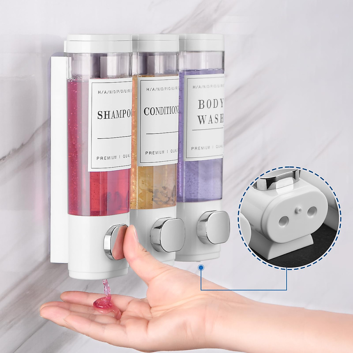 Shower Soap Dispenser Wall Mounted No Drill Shampoo Dispenser for Shower Wall Shampoo and Conditioner Dispenser Bathroom Hotel 3 * 300ml White with Labels