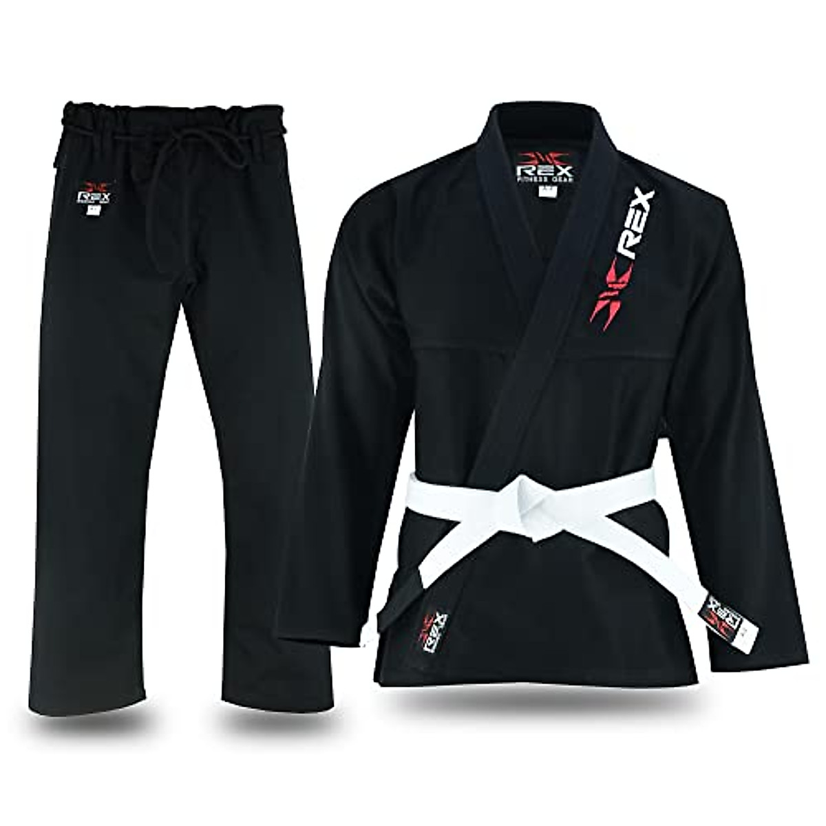 REX Sports Brazilian Jiu Jitsu, for Men and Women BJJ Gi Grappling Kimonos Lightweight White Belt (Black, A1)