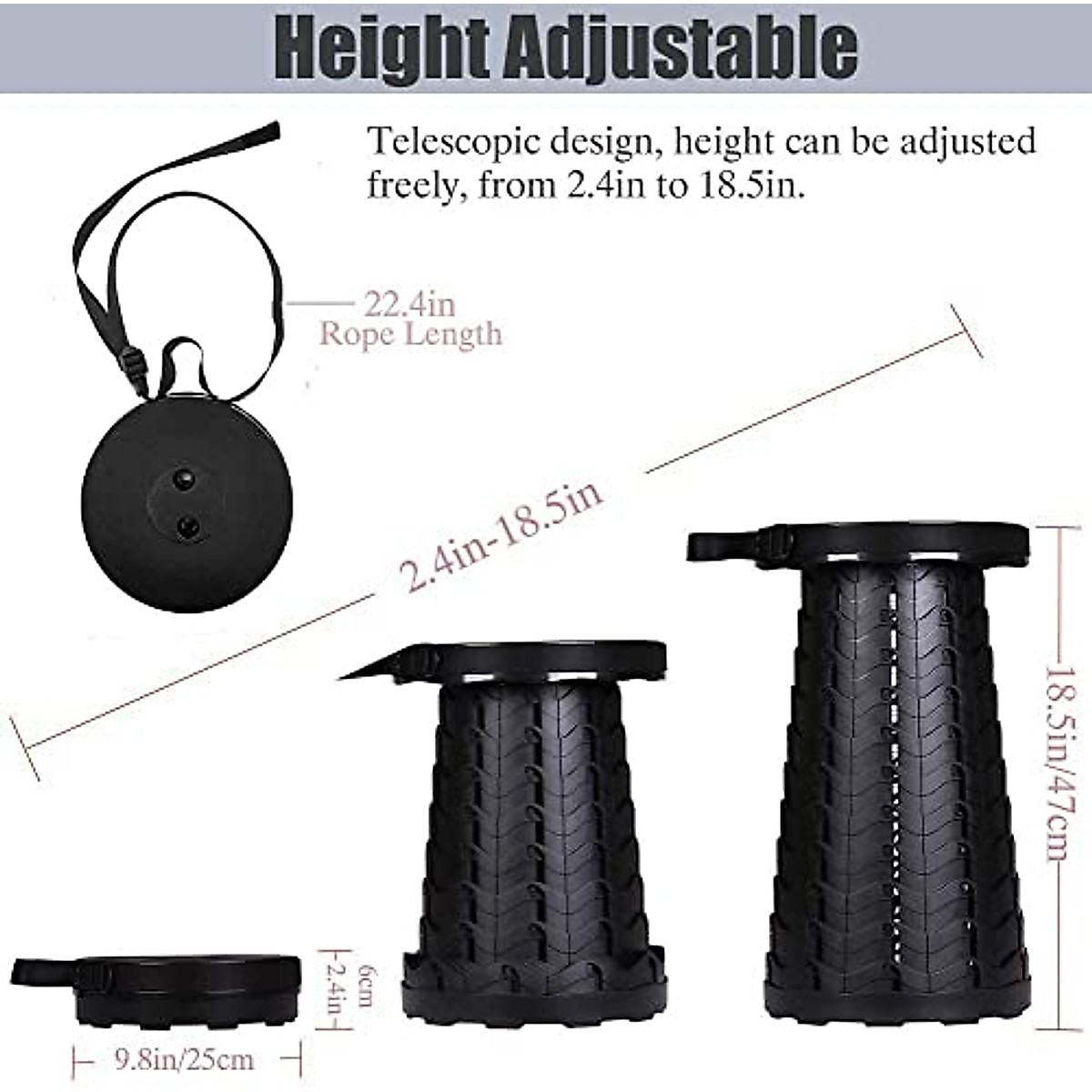 2023 Upgraded-Portable Collapsible Folding Stool, Retractable Telescoping Foldable Camping Stool for Adults for Outdoor Fishing Hiking Gardening Travel BBQ (Black)