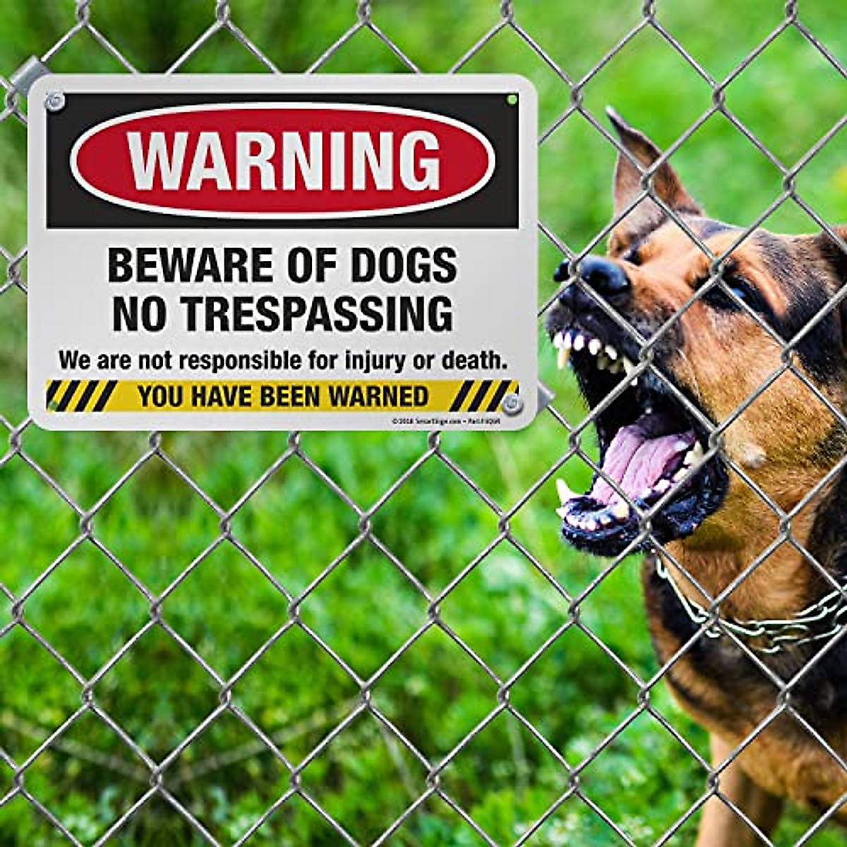 SmartSign 7 x 10 inch “Warning - Beware Of Dogs, No Trespassing, Not Responsible For Injury Or Death” Metal Sign, 40 mil Laminated Rustproof Aluminum, Multicolor