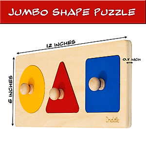 Magnetic Wooden Montessori Knob Puzzle - 3 Jumbo Shapes - Learn Colors & Shape – Baby & Toddler Development Toy