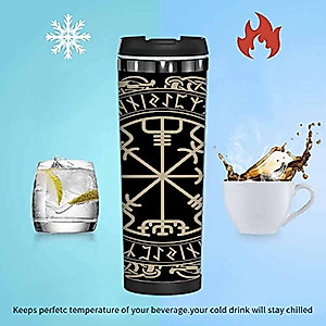 WONDERTIFY Viking Coffee Cup Magical Runic Compass Vegvisir Norse Runes Dragons Coffee Mug Stainless Steel Bottle Double Walled Thermo Travel Water Metal Canteen Black